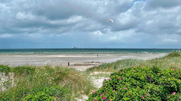 Uma praia com céu limpo, uma pessoa empinando pipa e um navio ao longe.