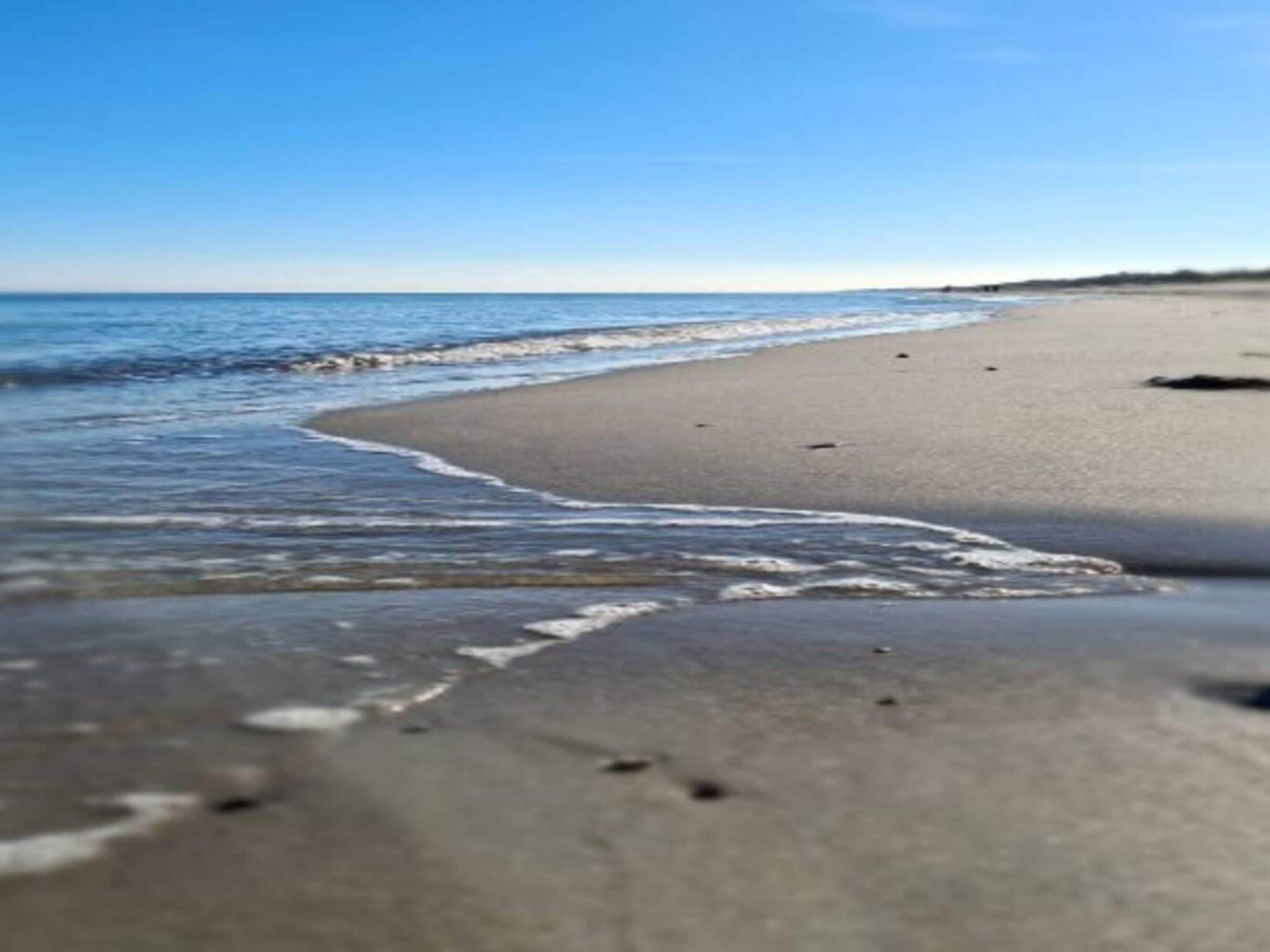 Uma praia com ondas calmas e céu claro.