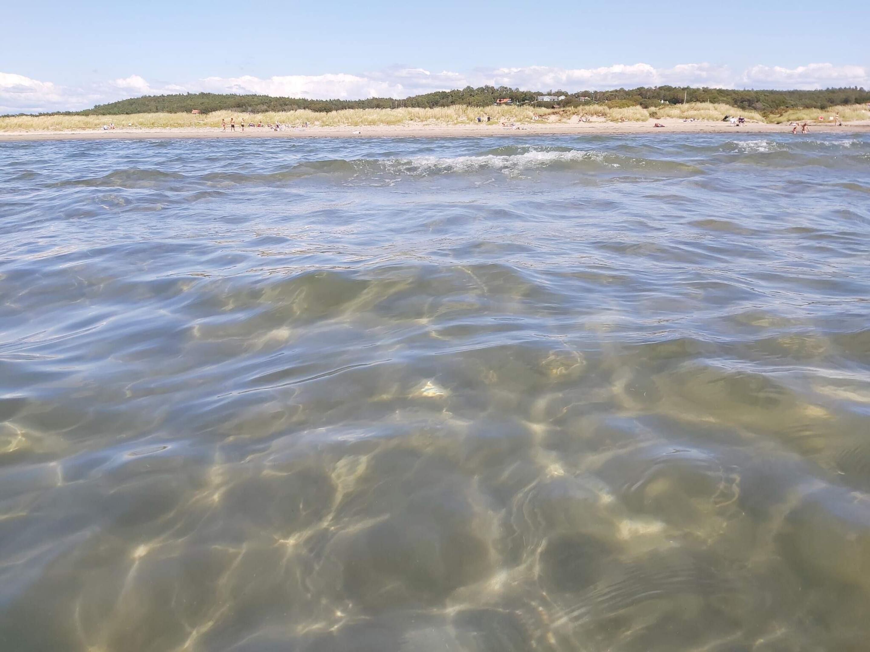 Uma praia com água cristalina e um litoral distante.