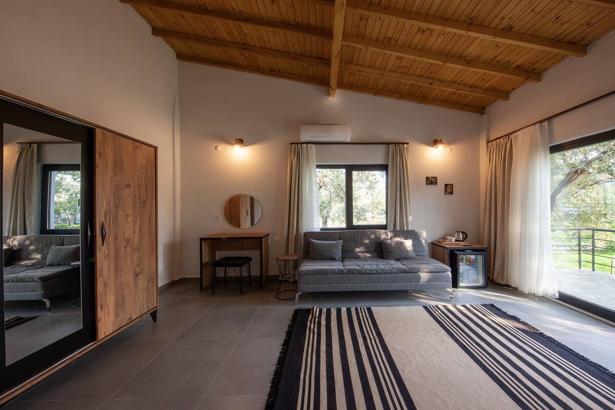 Uma sala de estar moderna com um sofá, uma mesa de jantar e um espelho.