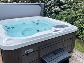 Uma banheira de hidromassagem com painel de controle, um degrau para acesso e uma etiqueta indicando 'RS Platinum Spa'.