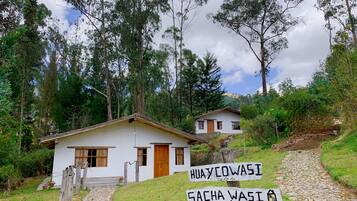 Uma casa rústica com um caminho de pedra que a leva até ela, rodeada por vegetação exuberante e árvores.