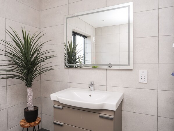 Casa de banho com uma pia branca, um espelho e uma planta em vaso.