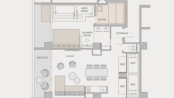 Planta baixa de um hotel com sala de estar, varanda, banheiro, sauna, chuveiro e entrada.