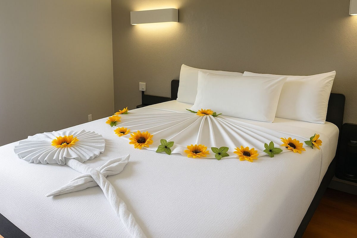 Escrivaninha, cortinas blackout, Wi-Fi de cortesia, roupa de cama