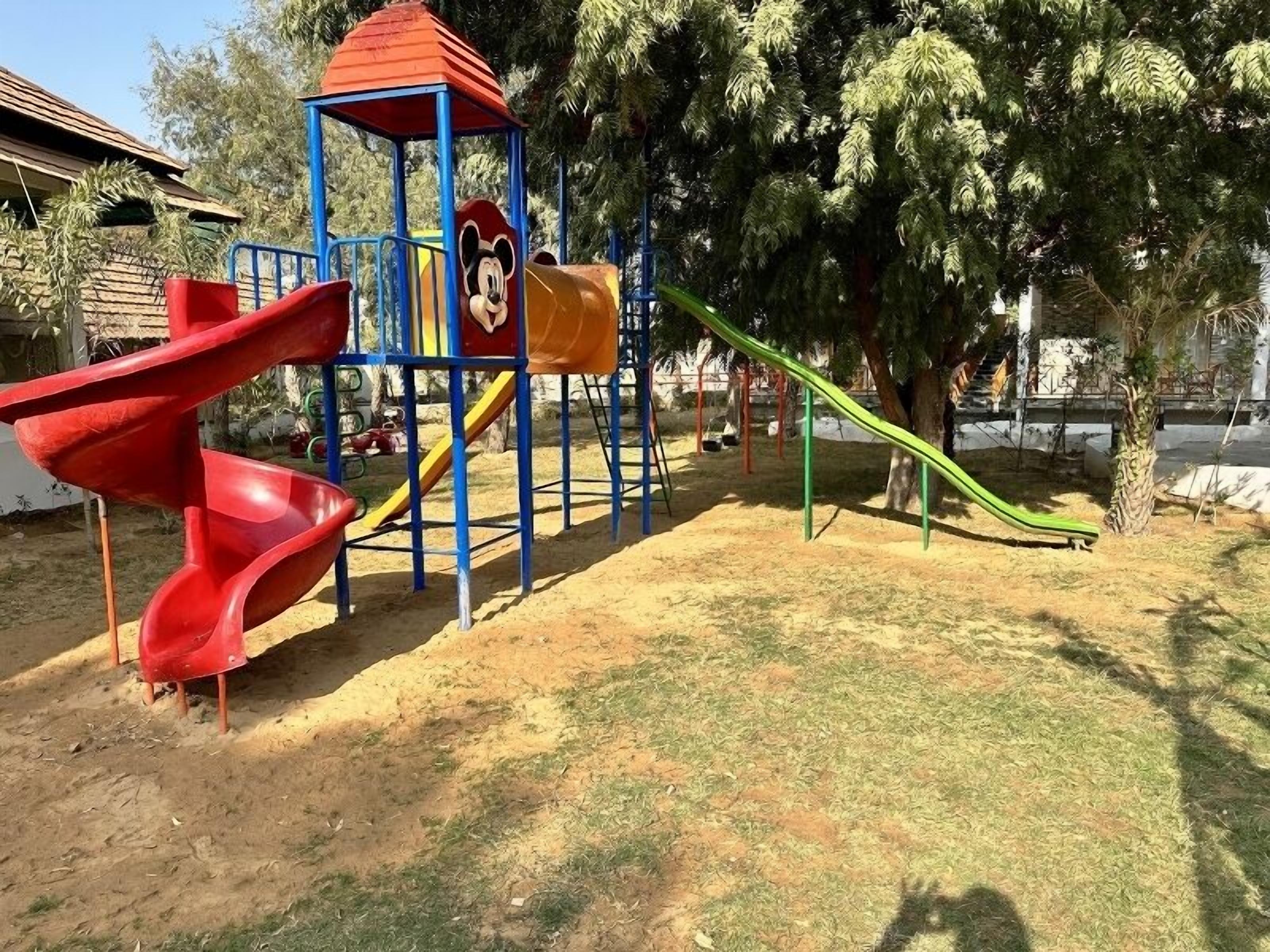 Um parquinho com escorregadores e uma estrutura de escalada.