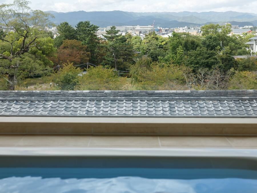 Vista da janela com vista para uma piscina, com telhado telhado e árvores ao primeiro plano.