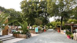 Uma entrada de cascalho leva a um edifício de madeira com uma placa, cercado por árvores e plantas em vasos.