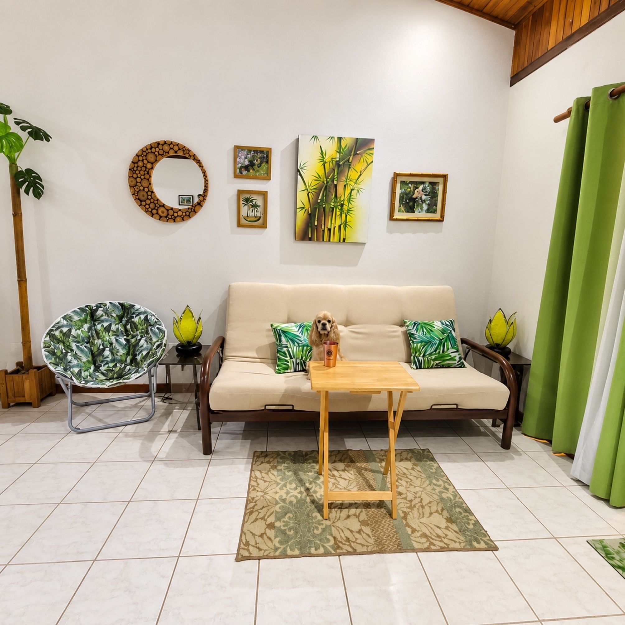 Uma sala de estar com um sofá, uma mesa de centro, uma poltrona e um cachorro. Há decorações nas paredes e uma planta.