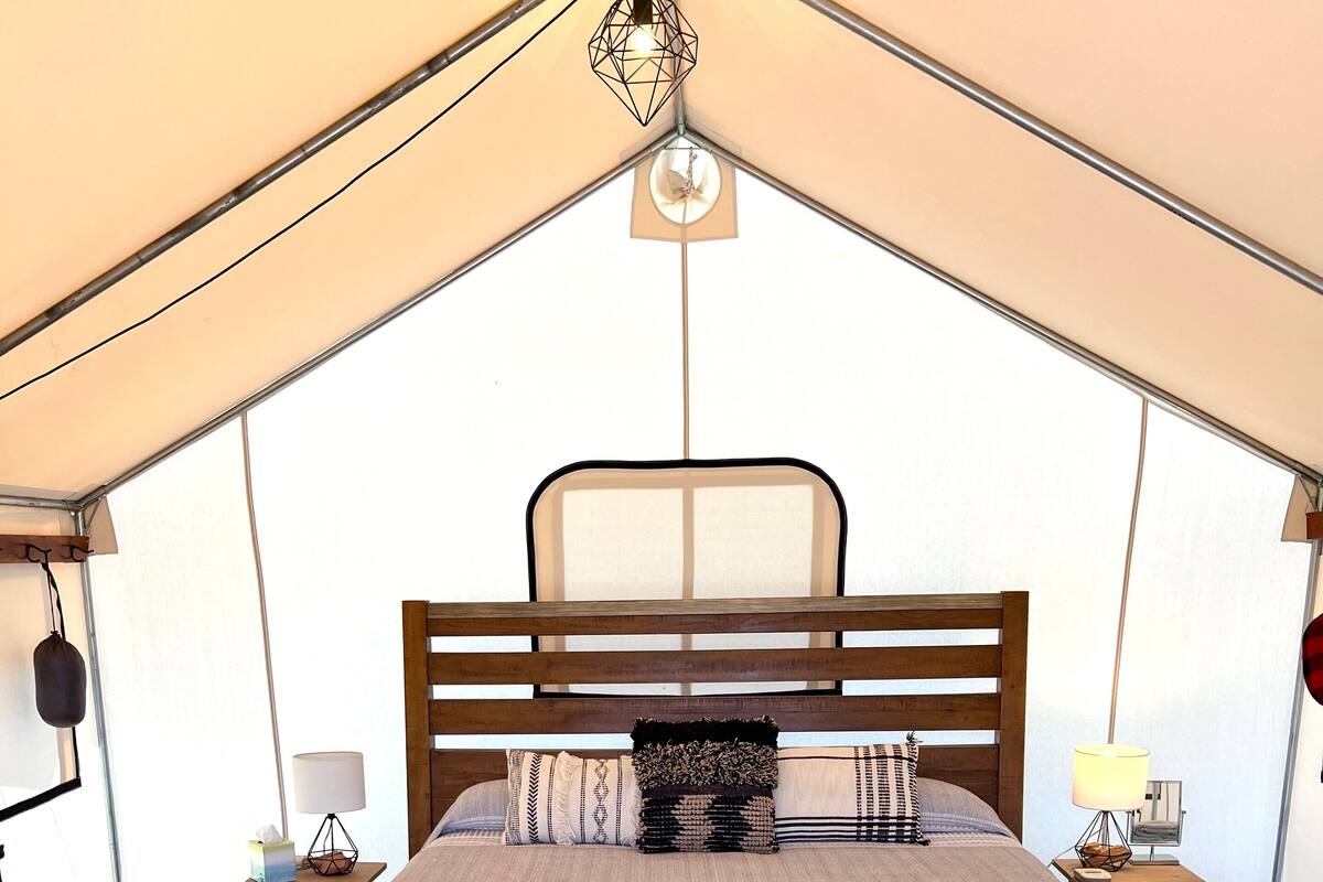 Quarto com tenda, uma cama grande, um banco e um lustre.
