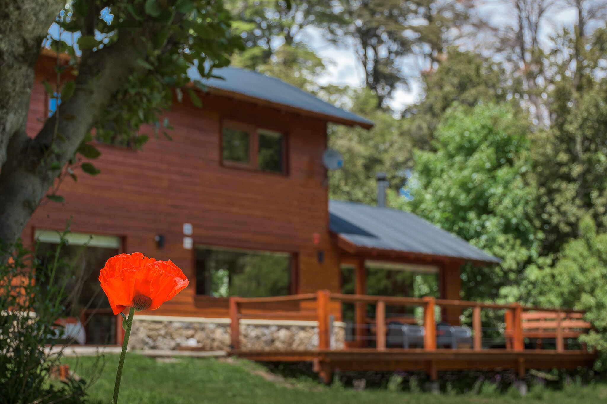Uma cabana de madeira com varanda e base de pedra.