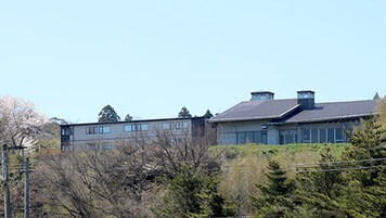Um edifício grande com várias janelas e telhado plano, cercado por árvores e vegetação.