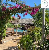 Uma área de piscina com um banco de madeira, uma estrutura com telhado de palha e flores rosa vibrantes.