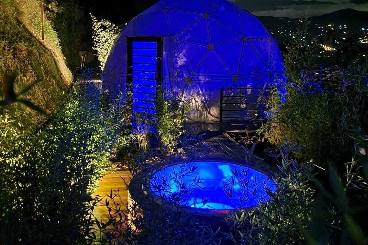 Um edifício em forma de cúpula com uma porta e uma piscina em frente, rodeado por vegetação e céu noturno.