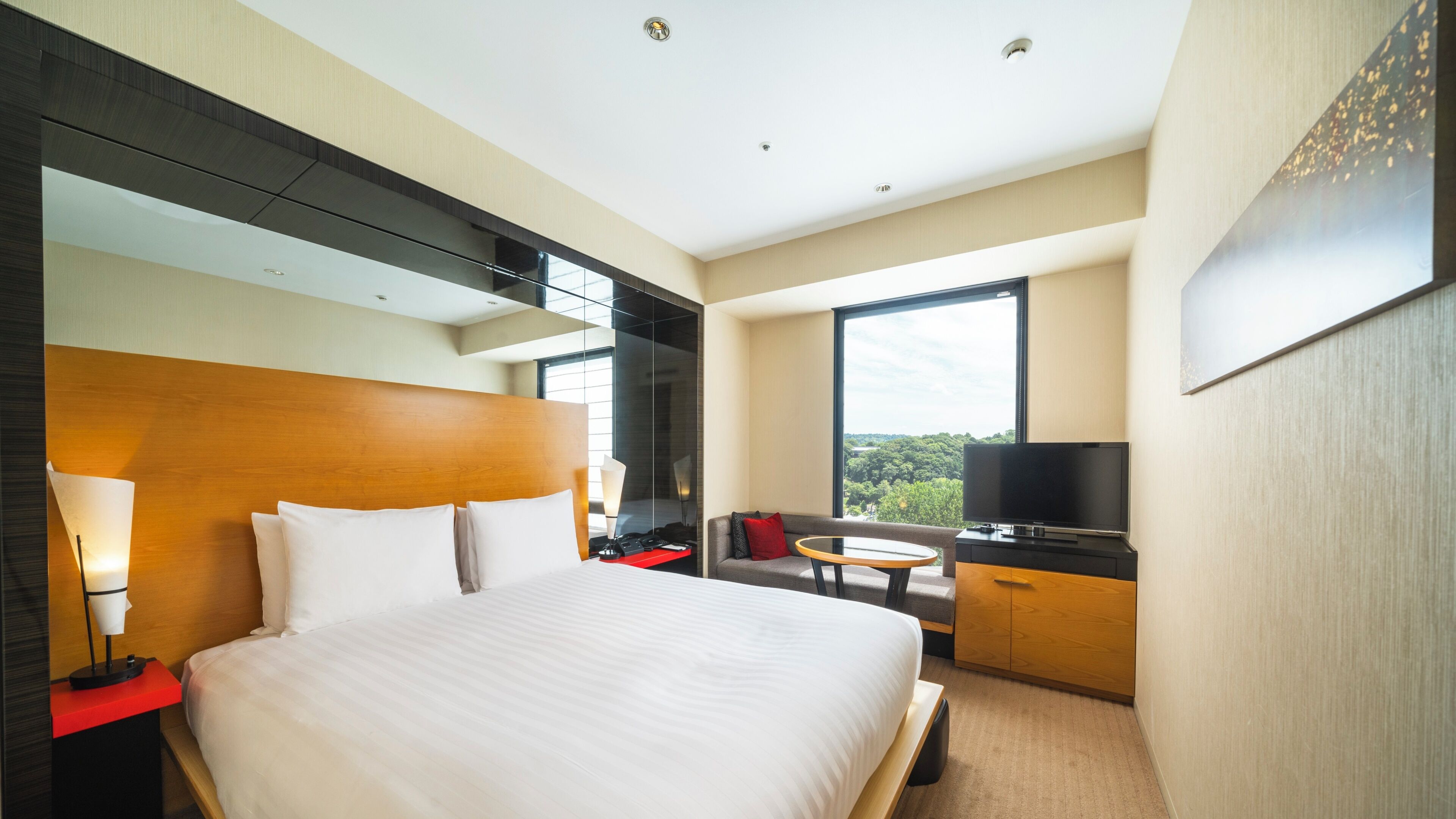 Quarto de hotel com uma cama grande, televisão, sofá e janela com vista.