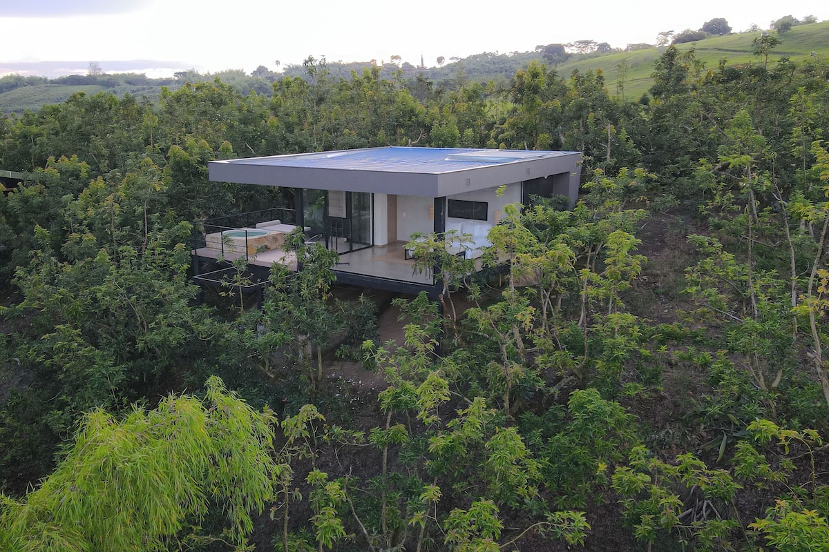 Uma casa moderna com telhado plano, rodeada por vegetação densa e colinas ao fundo.