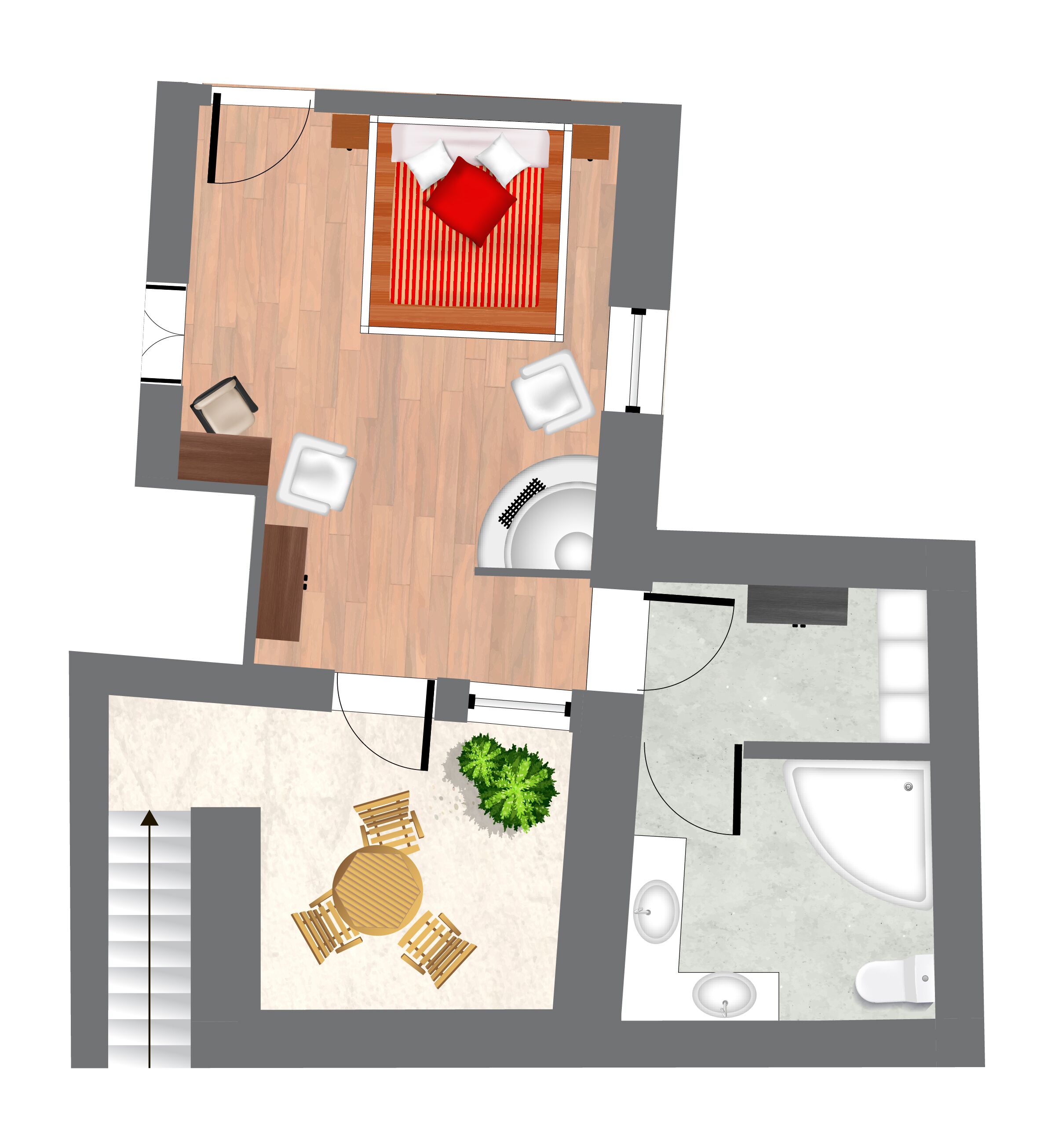 Planta de um apartamento de dois quartos, com sala de estar, sala de jantar, cozinha e banheiro.