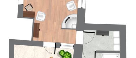 Planta de um apartamento de dois quartos, com sala de estar, sala de jantar, cozinha e banheiro.