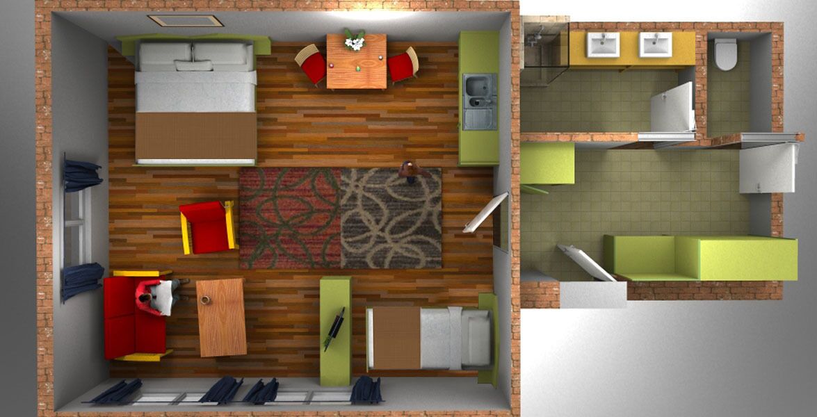 Planta de um apartamento de dois quartos, com sala de estar, sala de jantar, cozinha e dois quartos.
