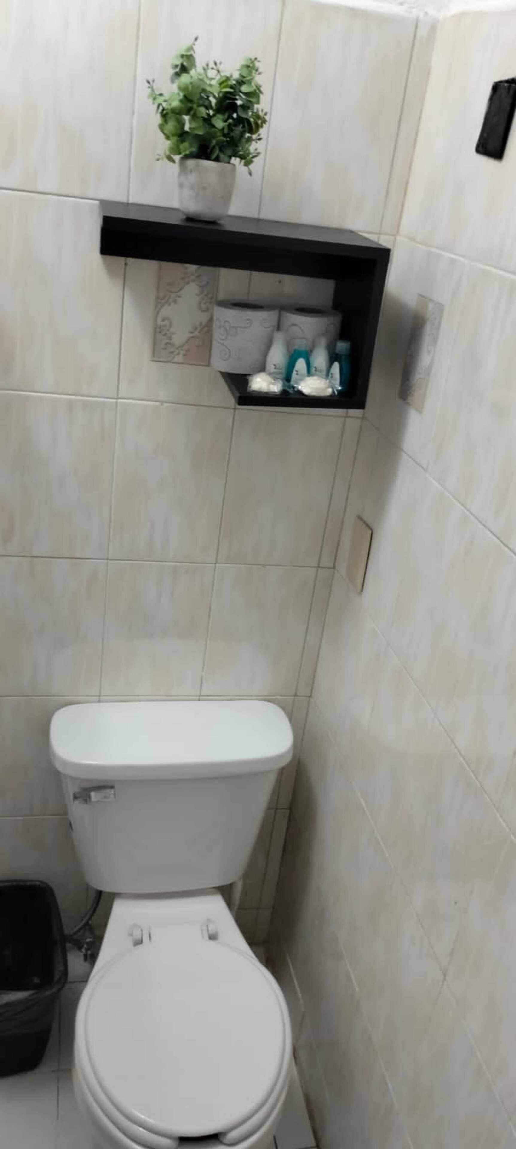 Um banheiro pequeno e revestido com azulejos, com vaso sanitário, um prateleira sobre o vaso com produtos de higiene e uma planta em vaso.