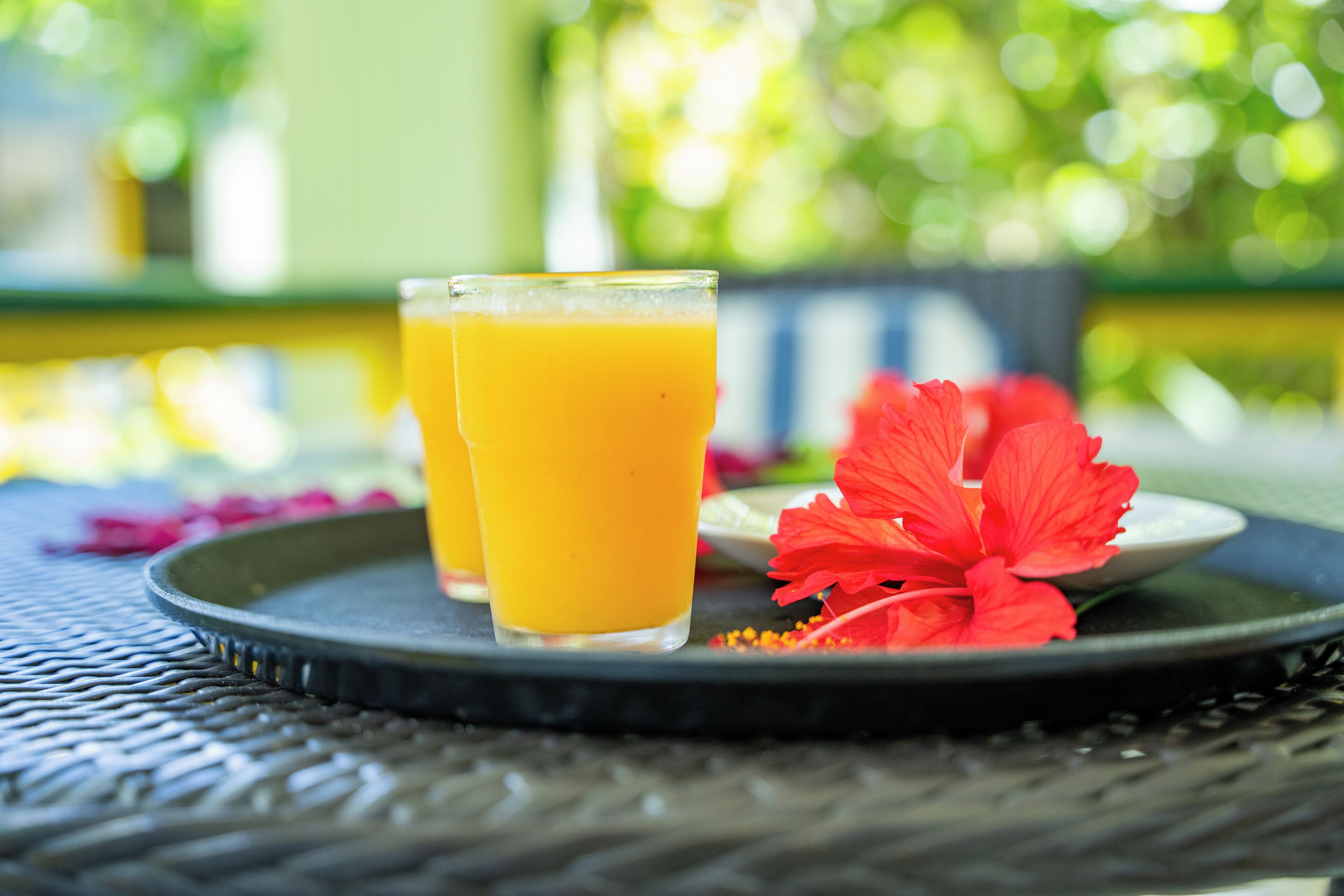Dois copos de suco de laranja numa bandeja com uma flor vermelha.