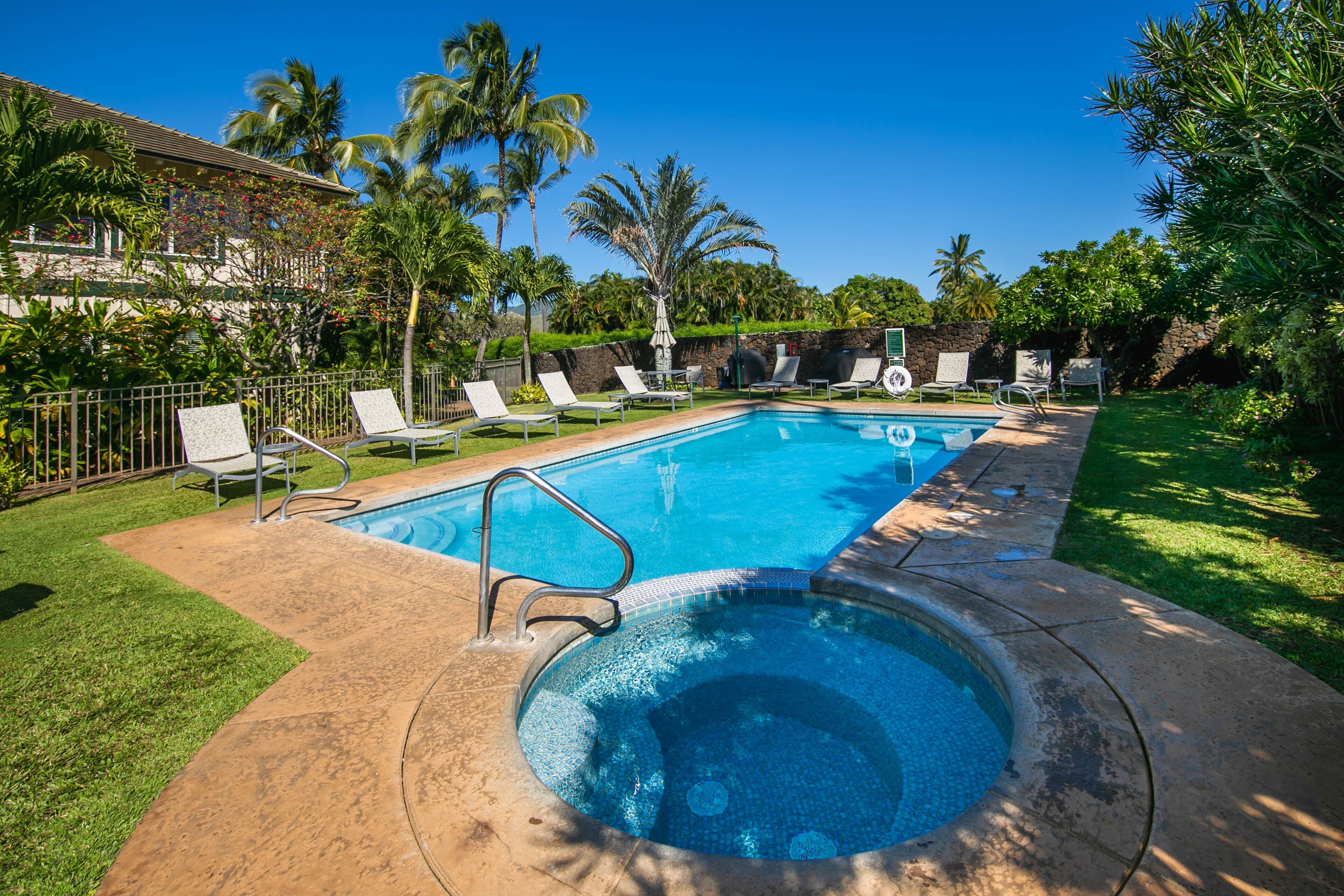 Piscina com hidromassagem, rodeada por espreguiçadeiras e palmeiras.