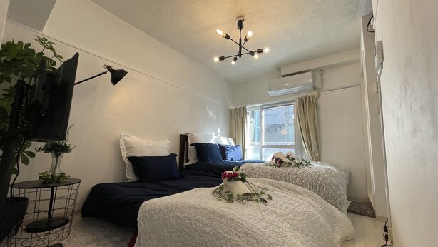 Quarto com duas camas, televisão, planta e janela com cortinas.