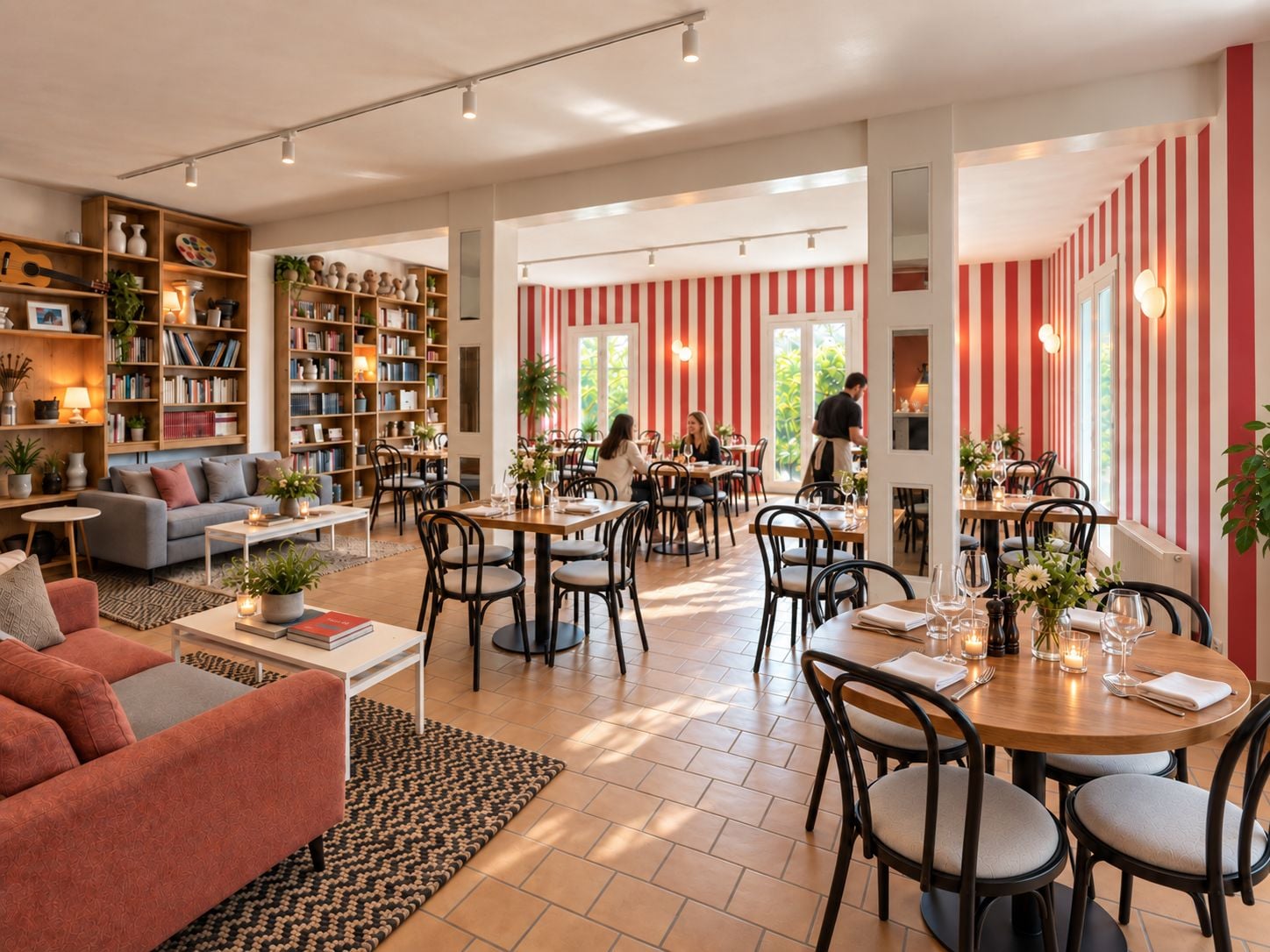 Ampla sala de estar com sofá, mesa de centro e estantes repletas de livros e objetos decorativos.
