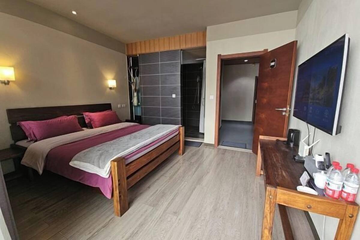 Quarto de hotel moderno com uma cama grande, uma escrivaninha e uma televisão de tela plana, além de área de chuveiro.