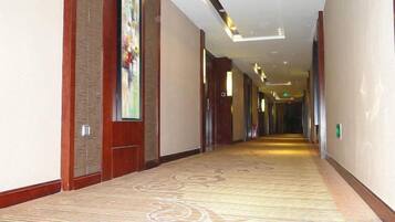 Corredor de hotel com carpete estampado, portas de madeira e um longo vão.
