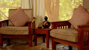 Quarto com duas cadeiras de madeira e almofadas estampadas, uma mesa pequena com uma tigela decorativa, e vista para o verde através de uma janela com cortinas.