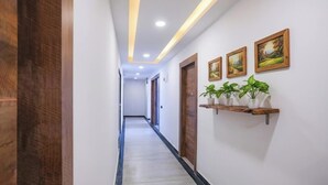 Um corredor com portas de madeira, uma estante com plantas e quadros na parede.