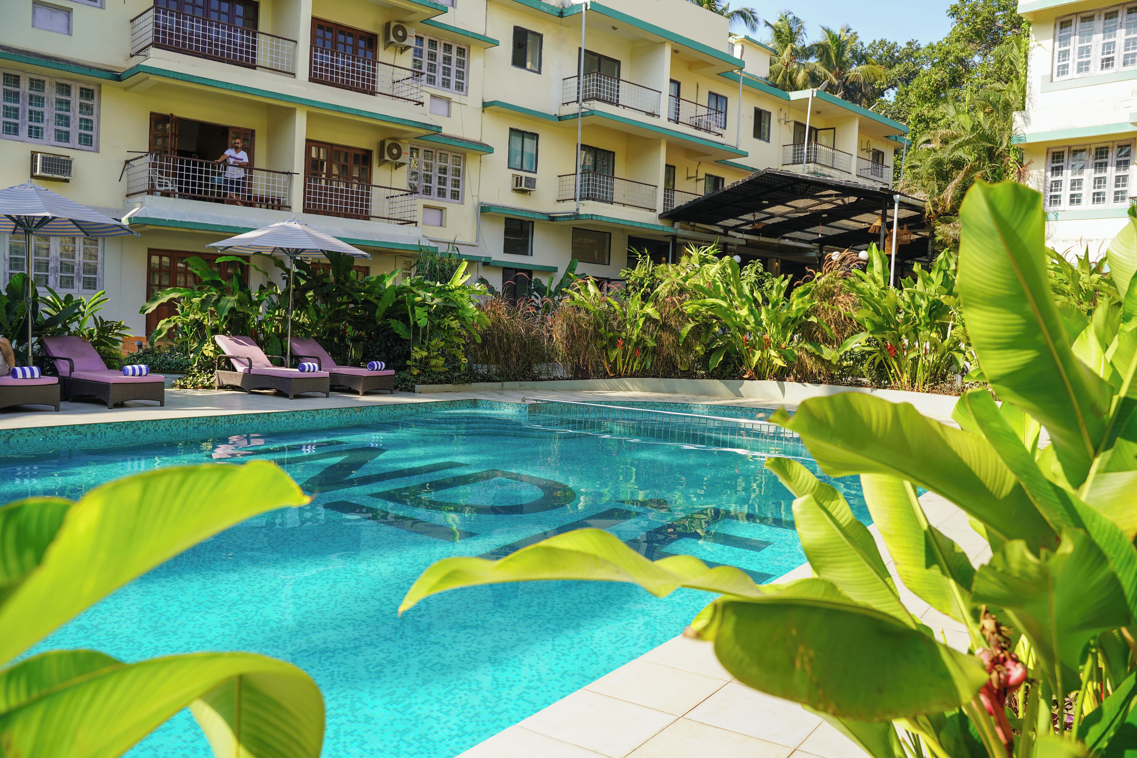 Piscina com espreguiçadeiras e guarda-sóis, rodeada por vegetação exuberante e um edifício com várias andares e sacadas.