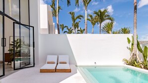 Uma área moderna de piscina ao ar livre, com duas espreguiçadeiras, uma porta de vidro que dá para um quarto e vista para palmeiras sob um céu claro.
