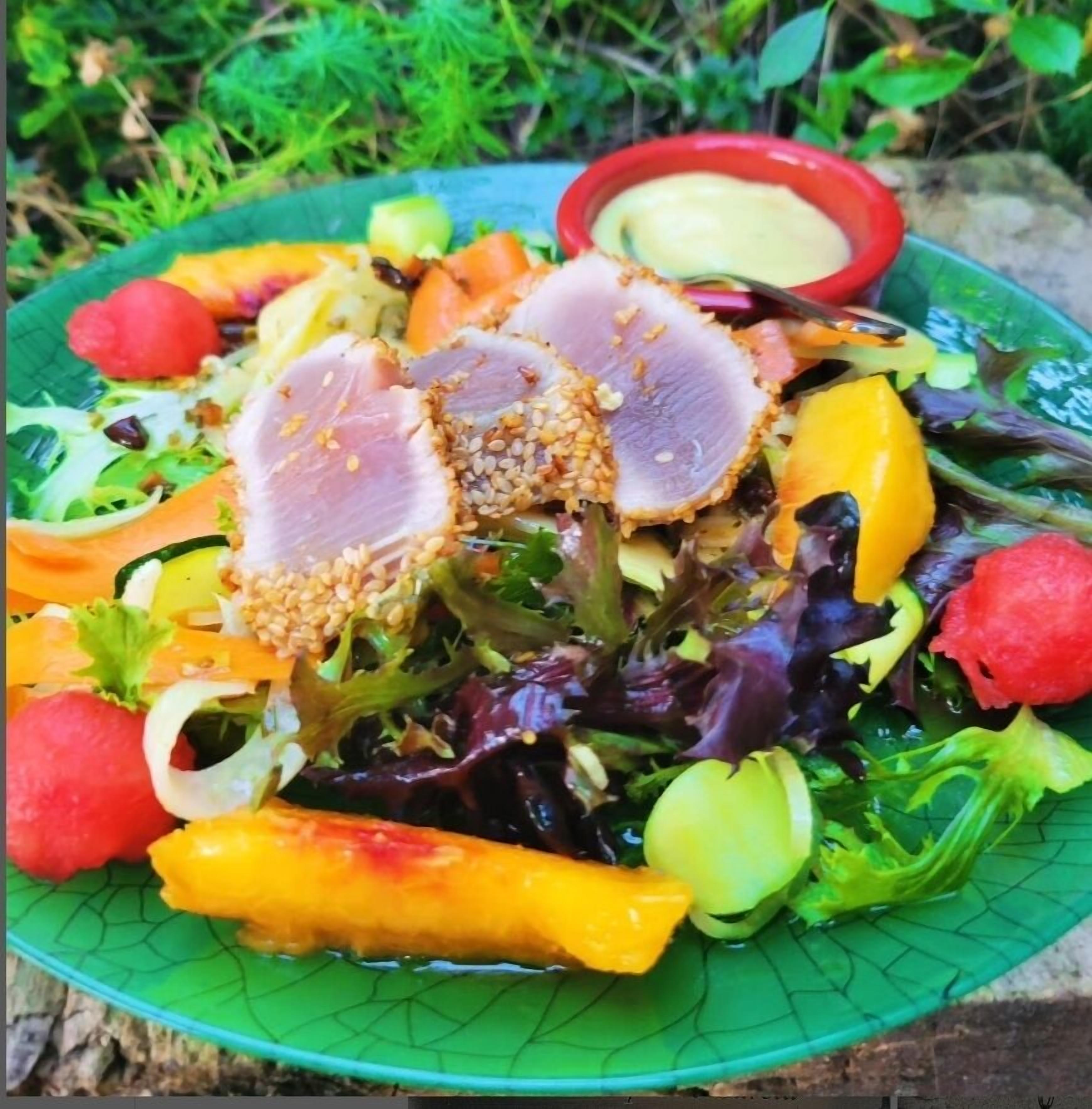 Um prato de comida com diversos legumes e uma fatia de carne, possivelmente atum, acompanhado de molho.