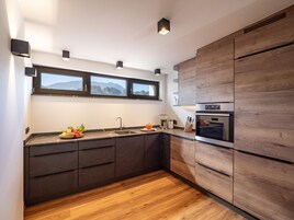 Penthouse Exclusiva, 2 quartos, pátio, vista para a montanha | Cozinha privada | Um frigorífico/congelador grande, uma placa de cozinha 