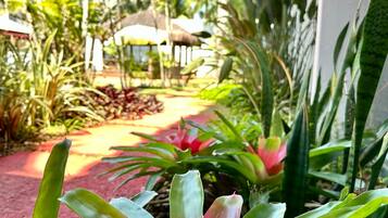Um jardim tropical com um caminho que leva a uma estrutura coberta de palha.