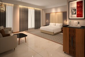 Suite Júnior, 1 cama king-size, varanda | Roupa de alta qualidade, camas de colchão viscoelástico, secretária 