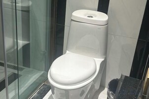 Sanitário numa casa de banho moderna com cabine de duche em vidro.