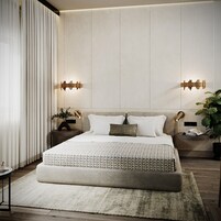 Quarto moderno com uma cama grande, duas mesas de cabeceira com luminárias, uma janela ampla com cortinas e uma planta em vaso.
