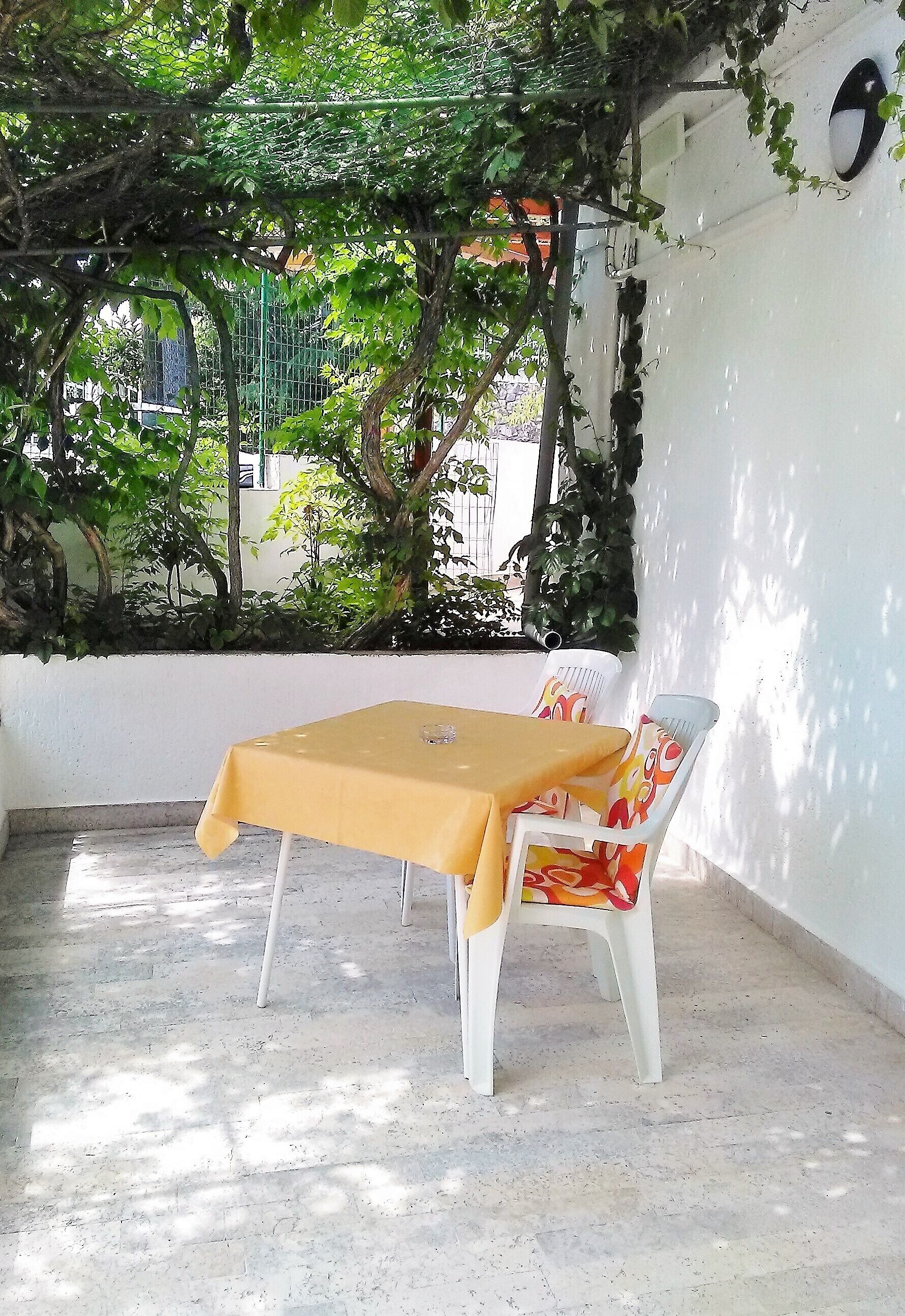 Uma área de estar ao ar livre coberta, com mesa e cadeiras, cercada por vegetação e uma parede branca.