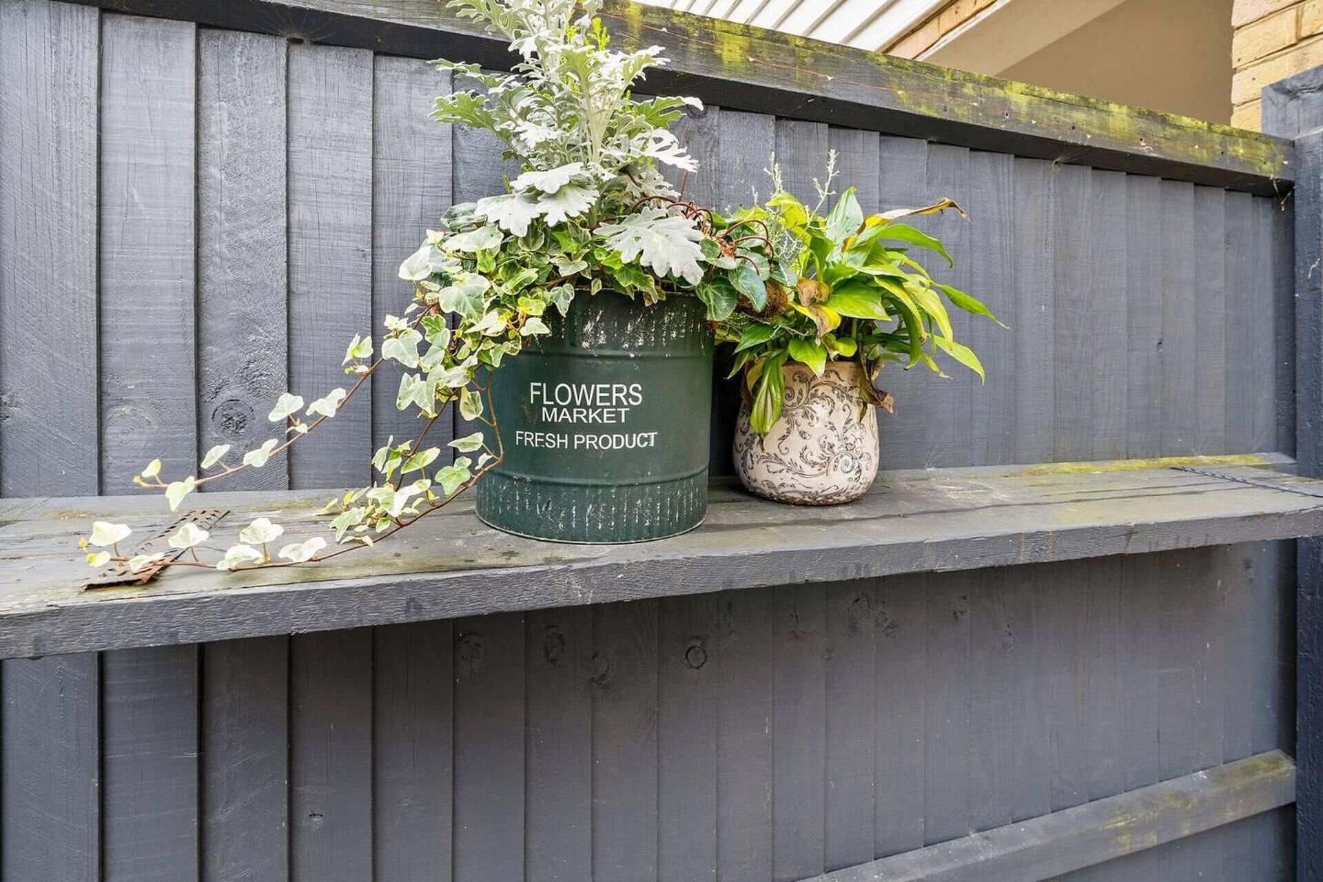 Uma prateleira de madeira com duas plantas em vasos, uma delas com a etiqueta "FLOWERS MARKET FRESH PRODUCT" e outra com vaso decorativo.