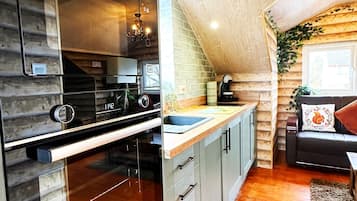 Apartamento, 1 cama queen-size e sofá-cama | Cozinha privada | Um frigorífico, um micro-ondas, um forno, uma placa de cozinha