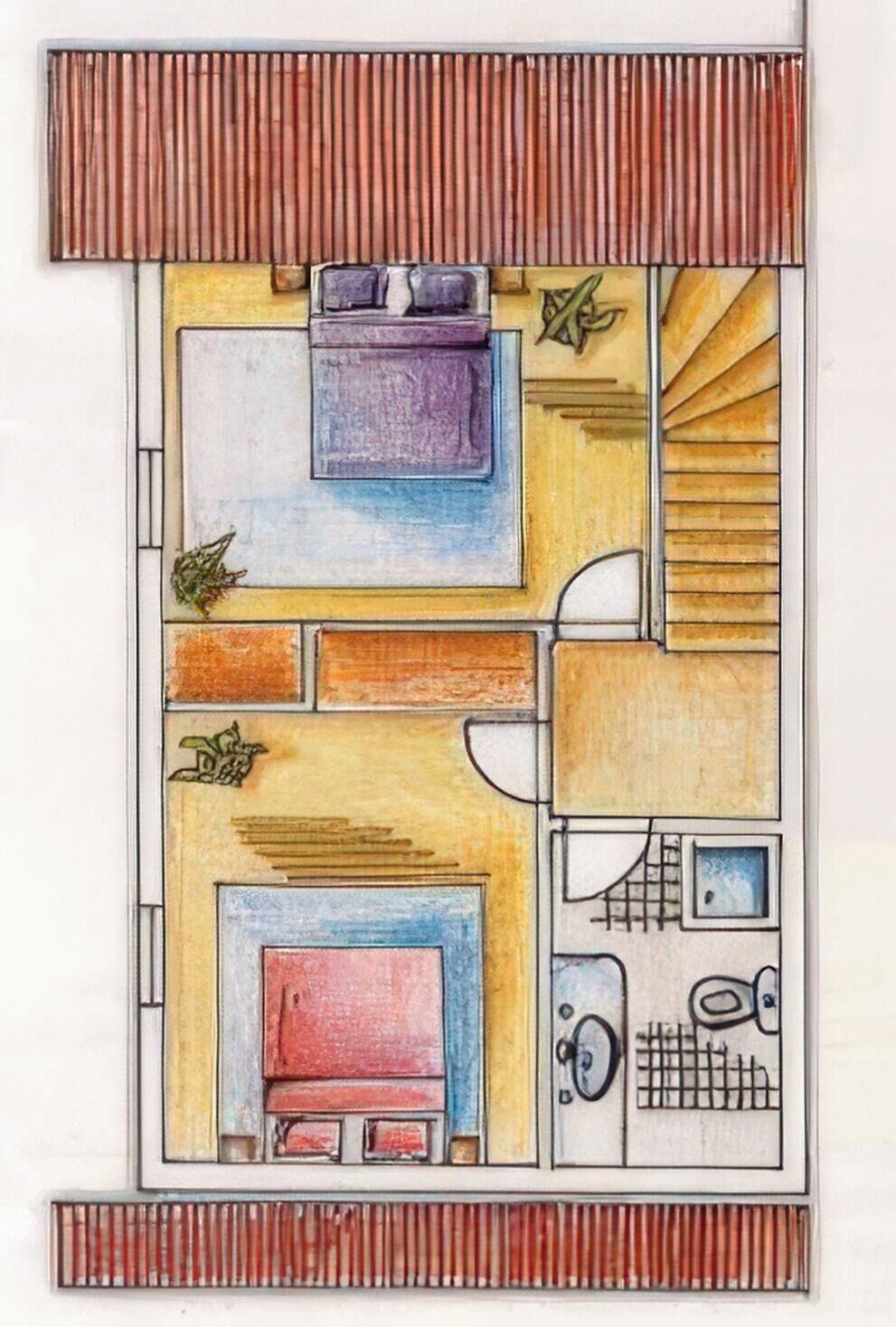Planta baixa com cozinha, sala de jantar e banheiro.