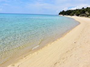 Uma praia arenosa com águas turquesa cristalinas e uma colina arborizada ao fundo.
