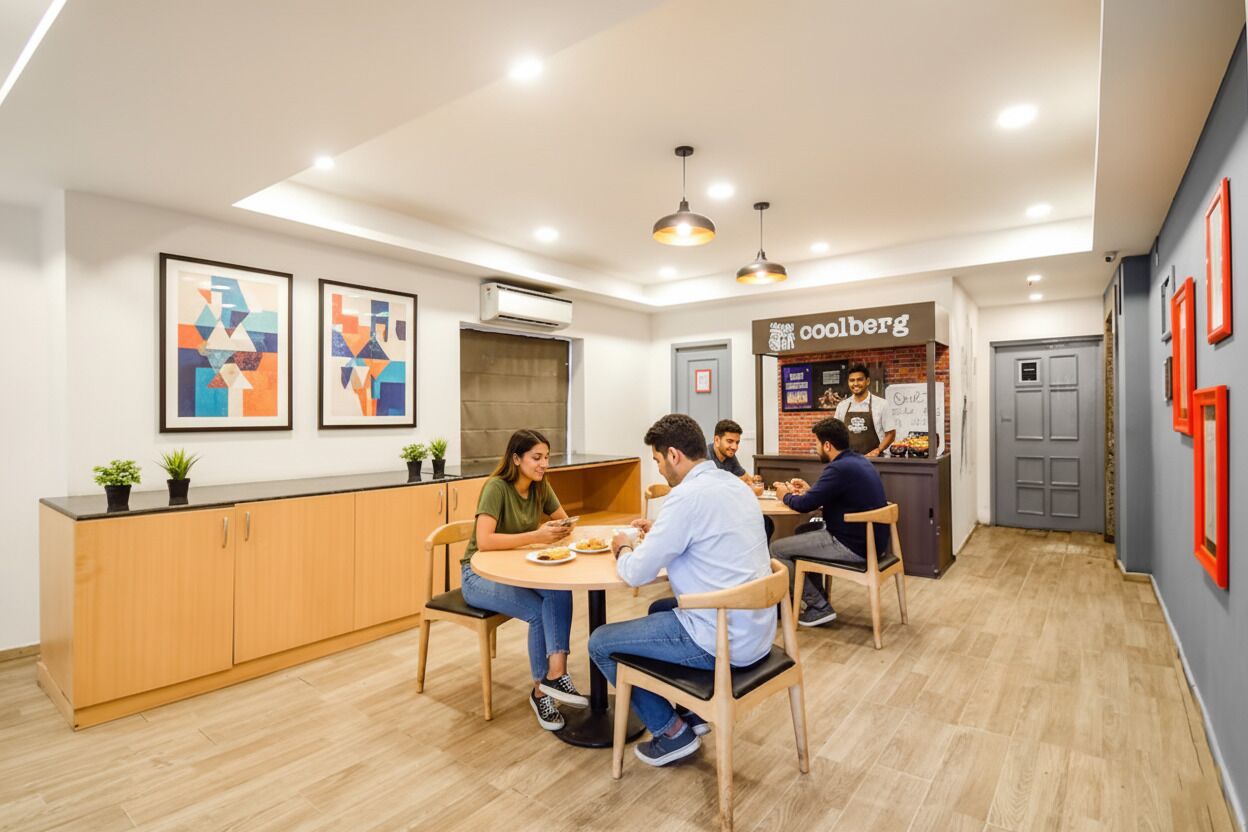 Uma sala de jantar moderna com mobiliário de madeira, um balcão com cardápio e arte abstrata nas paredes.