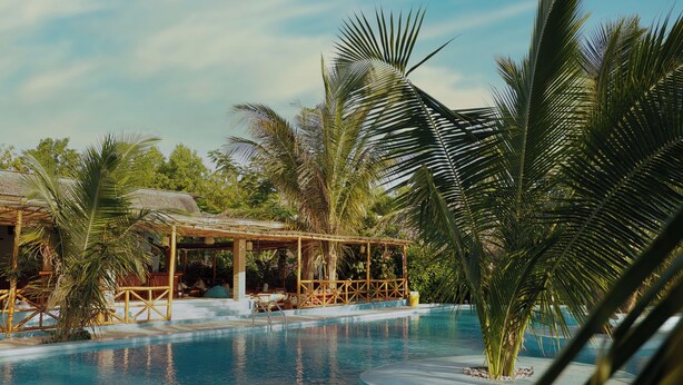 Piscina com deck de madeira e espreguiçadeiras, cercada por palmeiras e uma área de estar coberta.