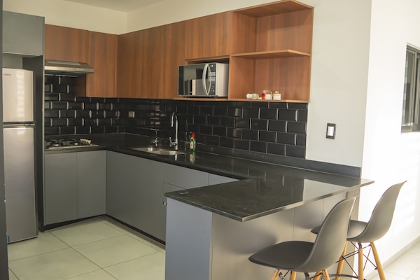 Apartamento Cidade | Cozinha privada | Um frigorífico/congelador grande, um micro-ondas, uma placa de cozinha
