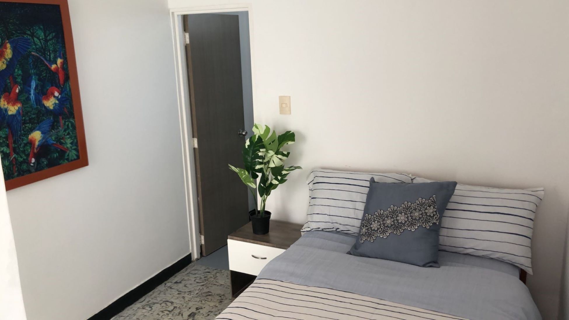 Quarto com cama, mesa de cabeceira, planta em vaso, porta e quadro na parede.