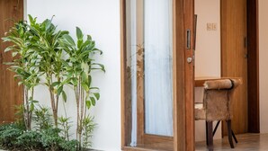 Um quarto com porta de madeira, uma cadeira e um vaso com planta.